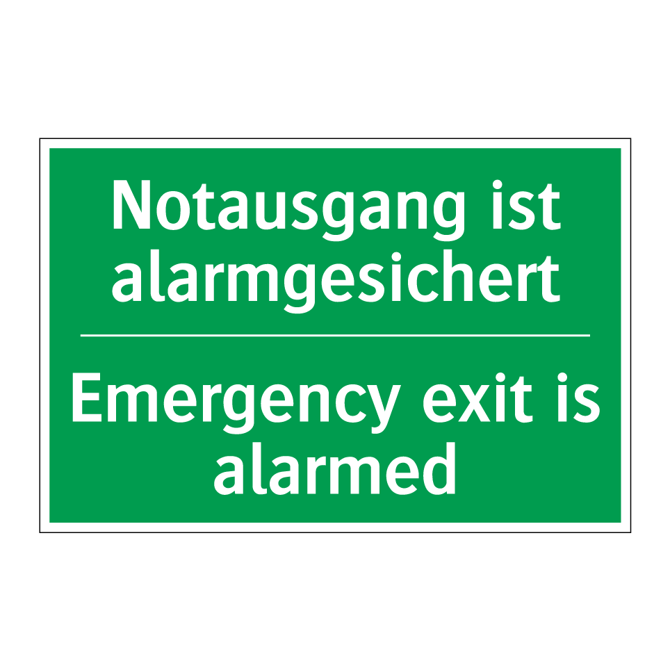 Kauf Notausgang ist alarmgesichert - Emergency exit is alarmed schild | SignOnline | DE-E621